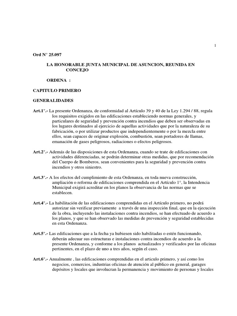Asuncion Ordenanza-25097 Seguridad y Prevención de Incendios | PDF | Ascensor | Aislamiento térmico