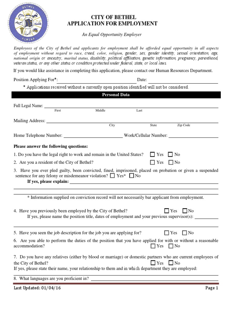COB Employment Application Revised 2016 | PDF | Professional ...