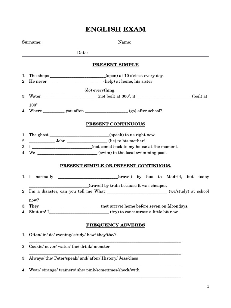 English Exam: Present Simple | PDF