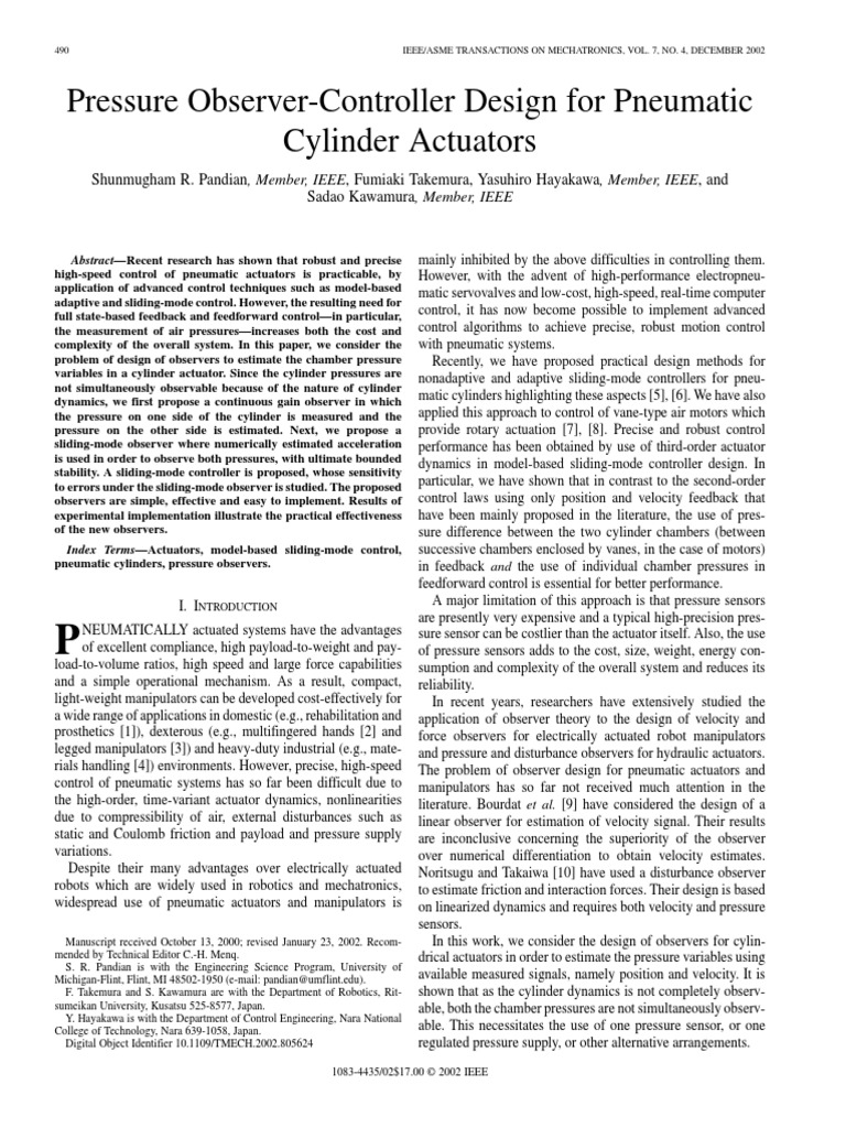 Pressure Observer-Controller Design For Pneumatic Cylinder Actuators ...