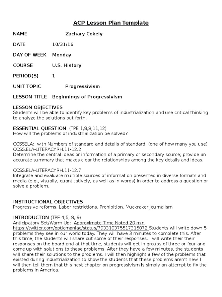 ACP Lesson Plan Template | PDF | Progressivism | Understanding
