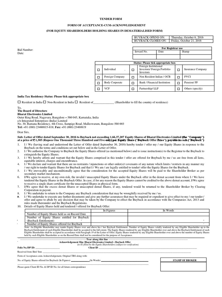 Buyback Letter of Offer (1) | Share Repurchase | Stocks
