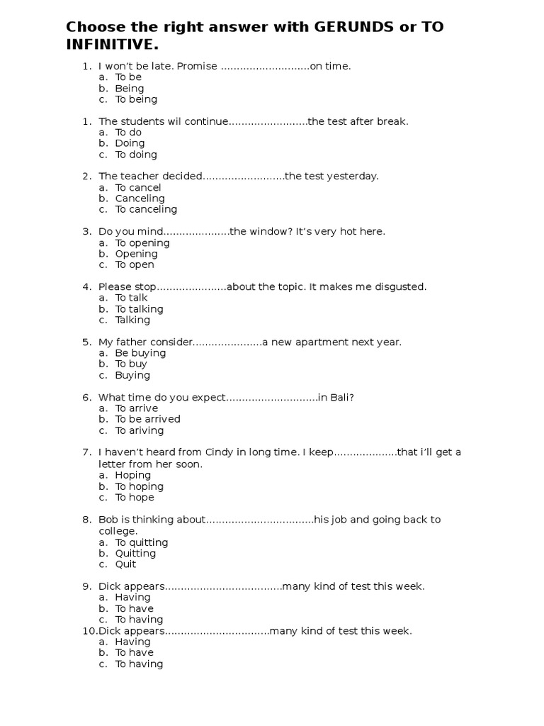 Mastering Gerunds and Infinitives: A Practice Test for Identifying ...