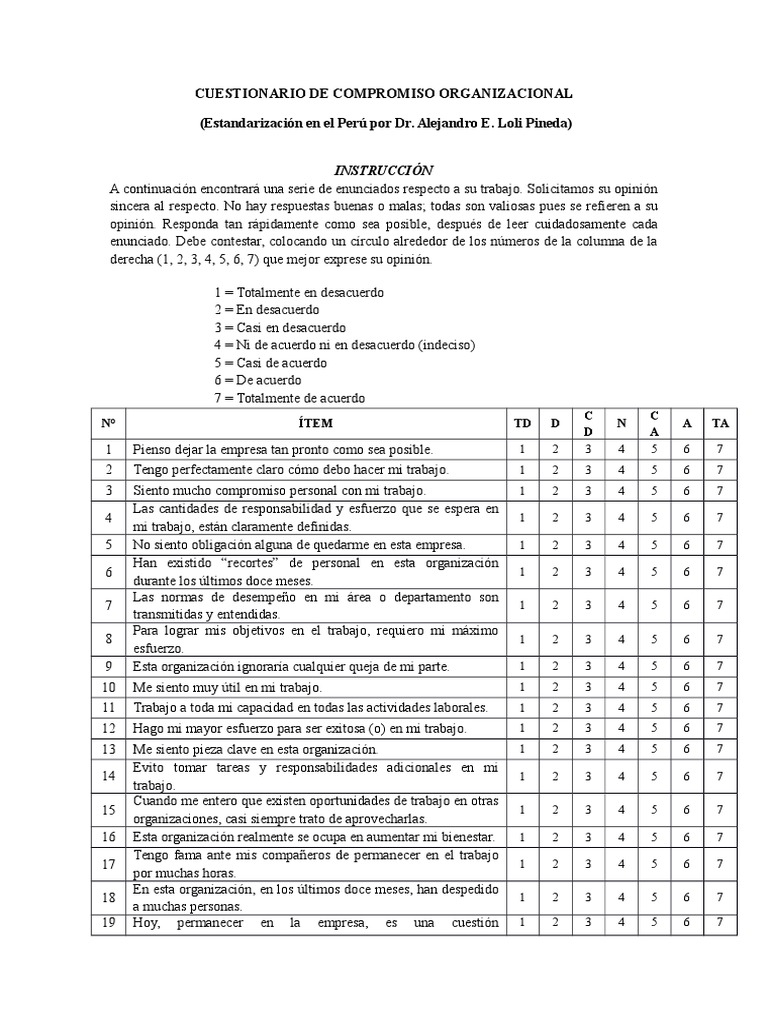 Cuestionario Compromiso Organizacional | PDF | Sicología