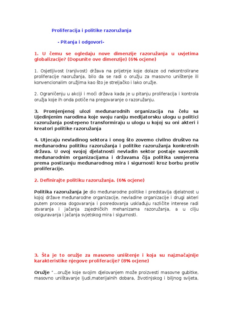 Proliferacija I Politike Razoružanja - Pitanja I Odgovori | PDF