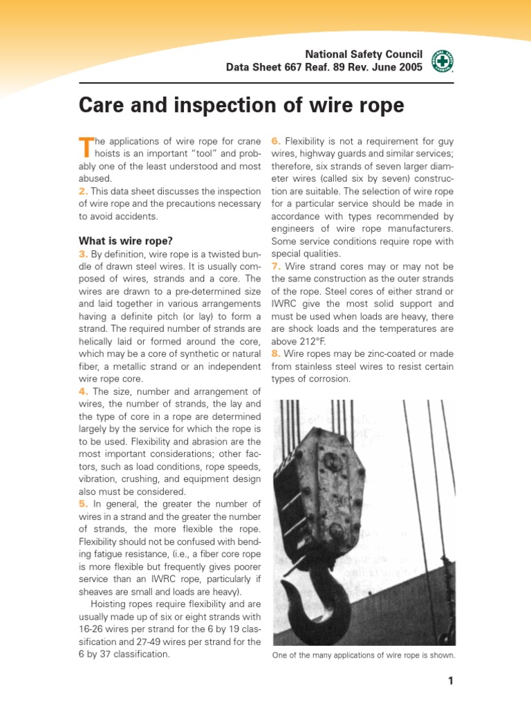 Care and Inspection of Wire Rope: National Safety Council Data Sheet ...
