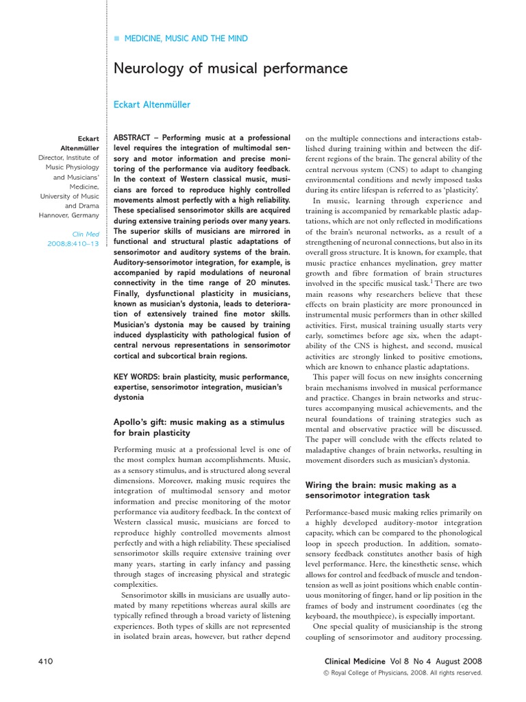 Neurology of Musical Performance | PDF | Neuroplasticity | Dystonia
