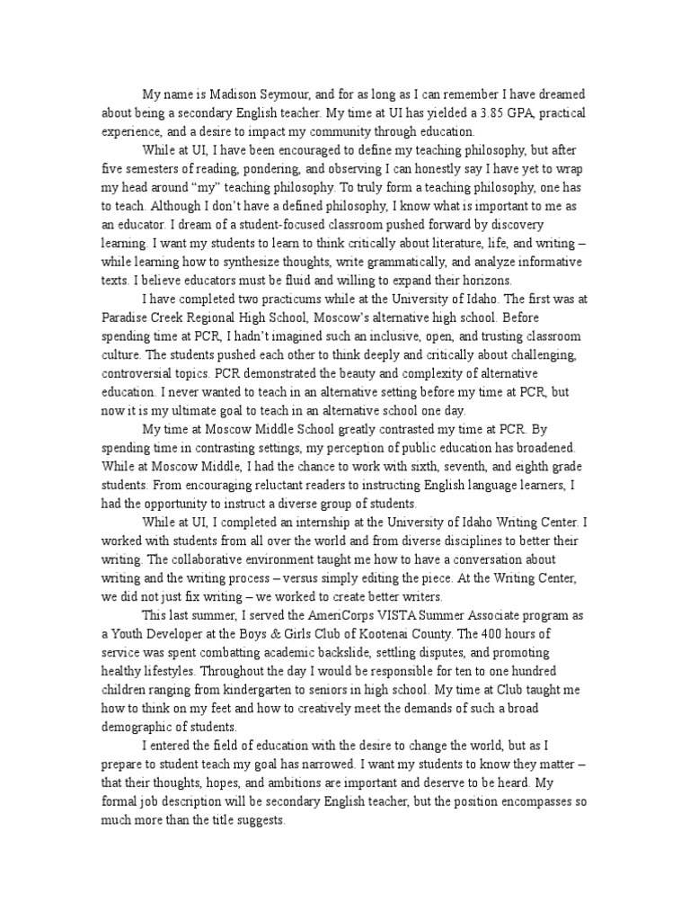 Student Teaching Personal Statement | PDF | Secondary School | Teachers