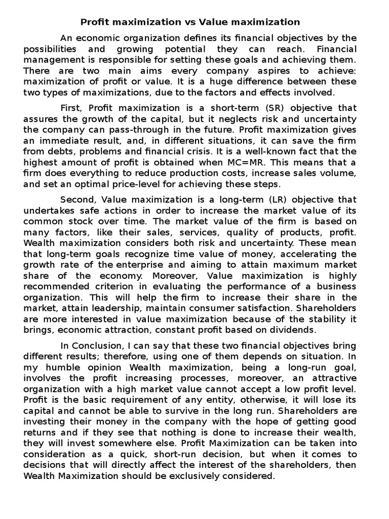 Profit Maximization Vs Value Maximization | PDF | Profit (Accounting ...