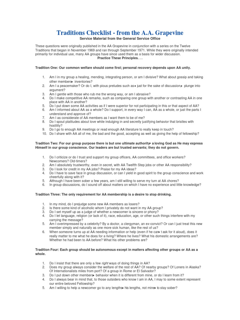 Traditions Checklist - From The A.A. Grapevine | PDF | Alcoholics Anonymous | Society