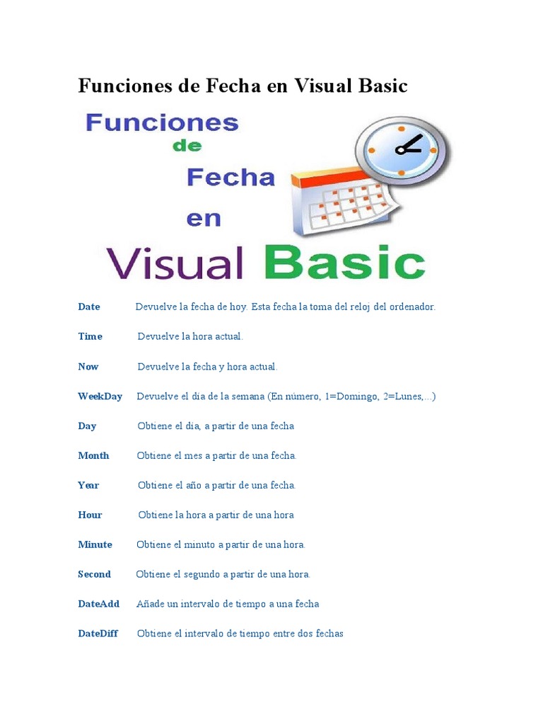 Funciones de Fecha en Visual Basic | PDF | Básico | Hora
