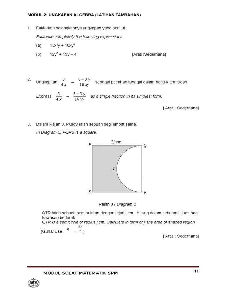 Modul 2 Ungkapan Algebra Latihan Tambahan | PDF