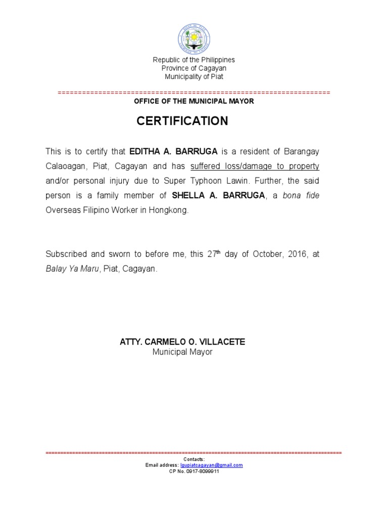 Certification of Typhoon Impact for Edith A. Barruga | PDF