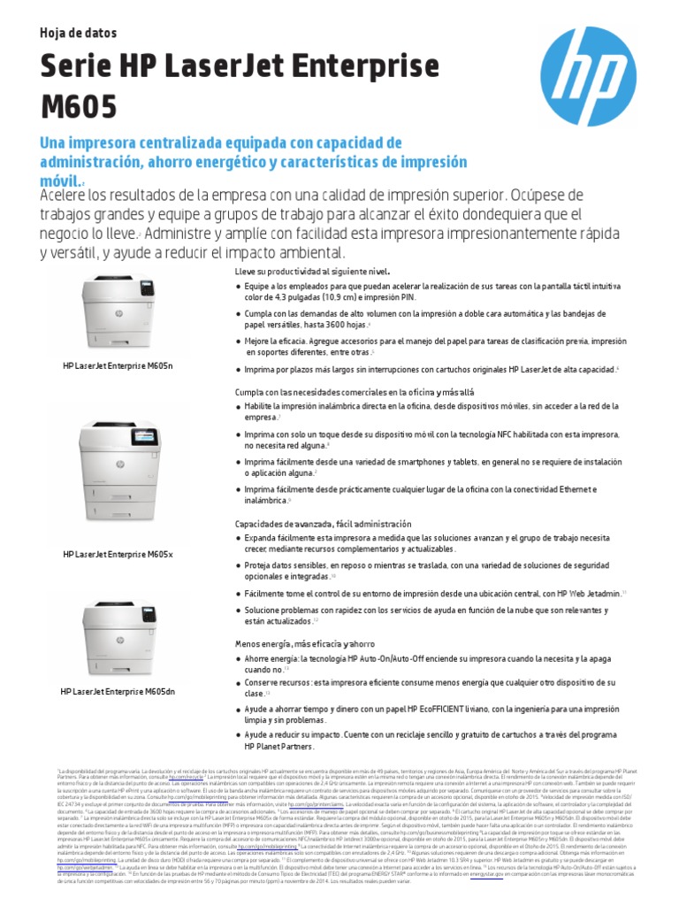 Serie HP Laserjet Enterprise M605 | PDF | Impresora (Computación) | Windows XP