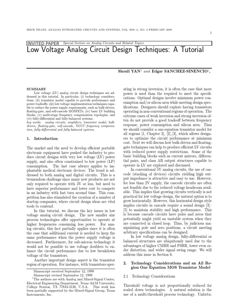 Low Voltage Analog Circuit Design Techniques A Tutorial | PDF | Mosfet | Amplifier