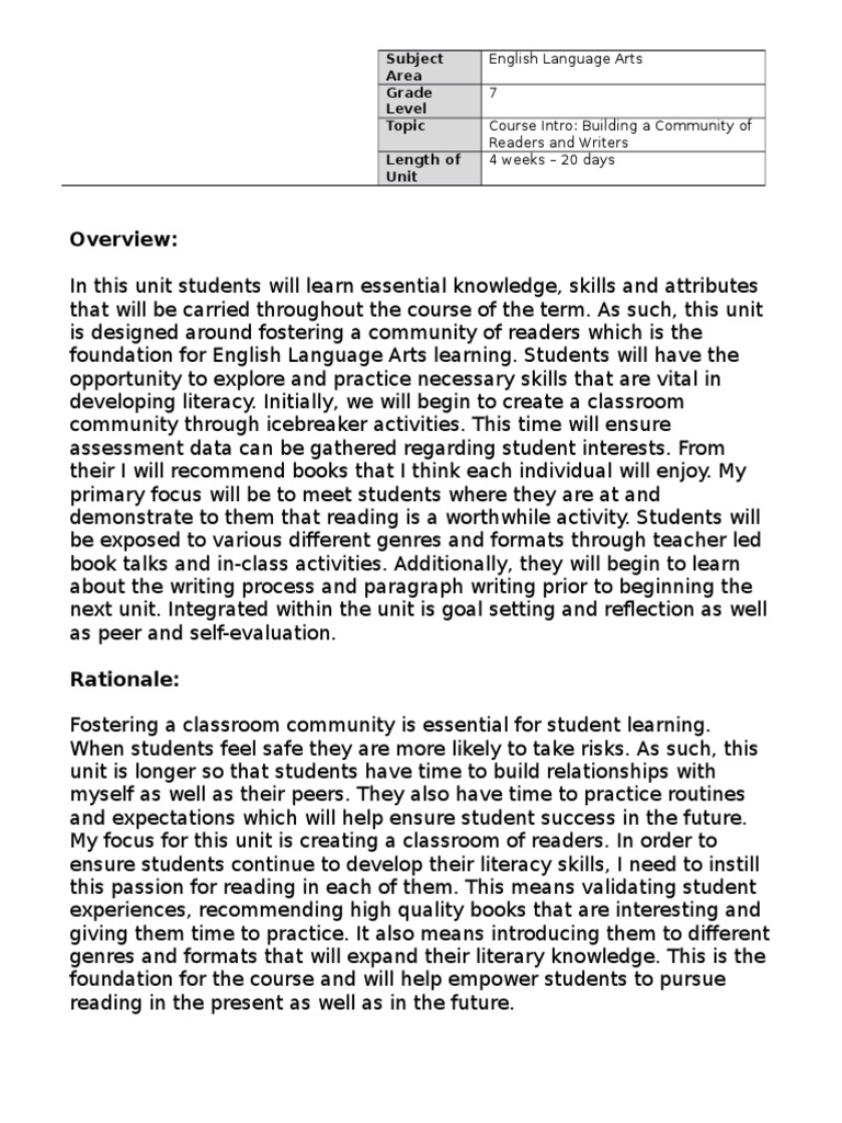 Course Introduction - Unit Plan | PDF | Educational Assessment ...
