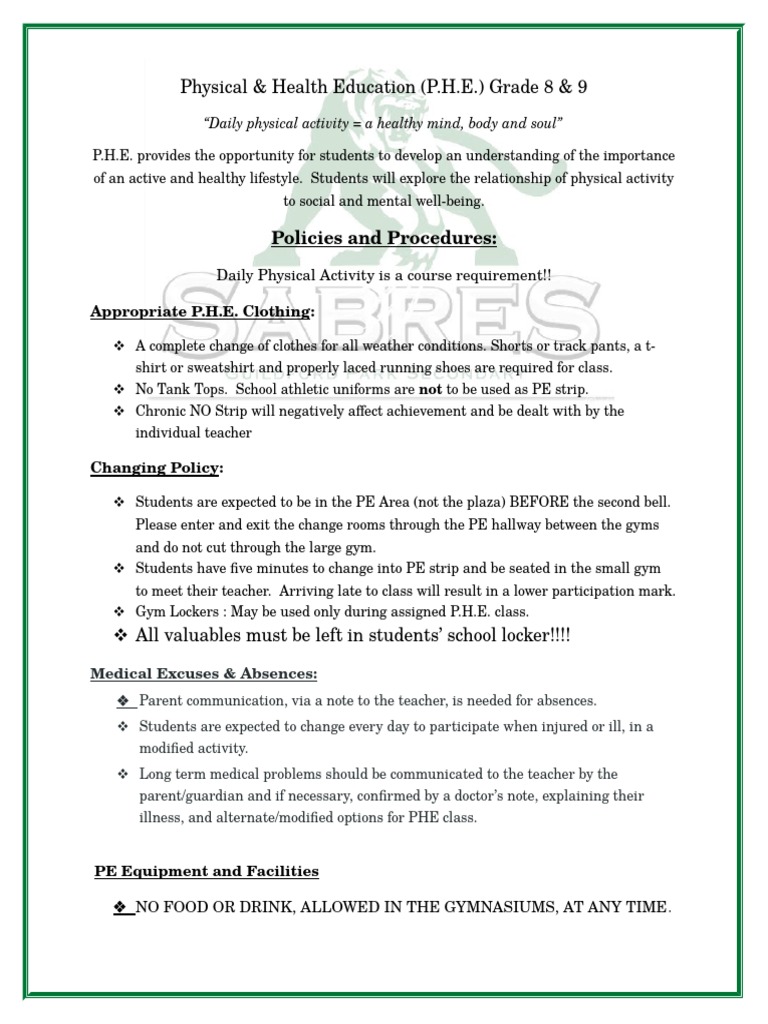 Physical & Health Education (P.H.E.) Grade 8 & 9: Policies and ...