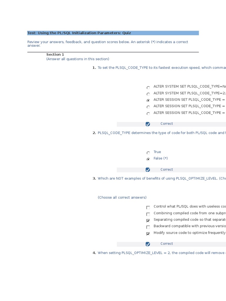 Section 1: Test: Using The PL/SQL Initialization Parameters: Quiz | PDF ...