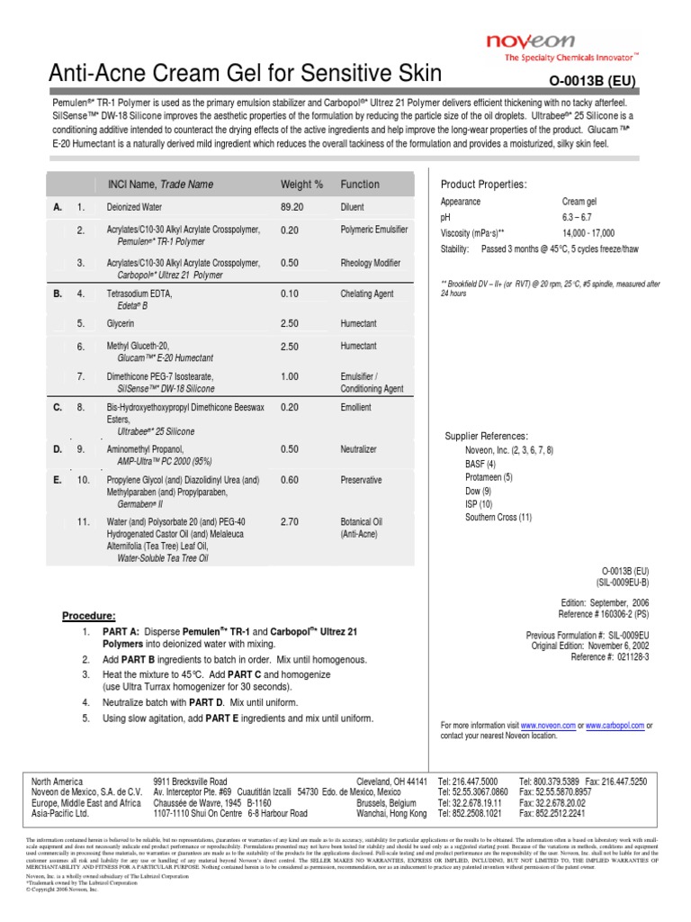 Cos0701 For Noveon AntiAcneCream PDF | PDF | Emulsion | Fax