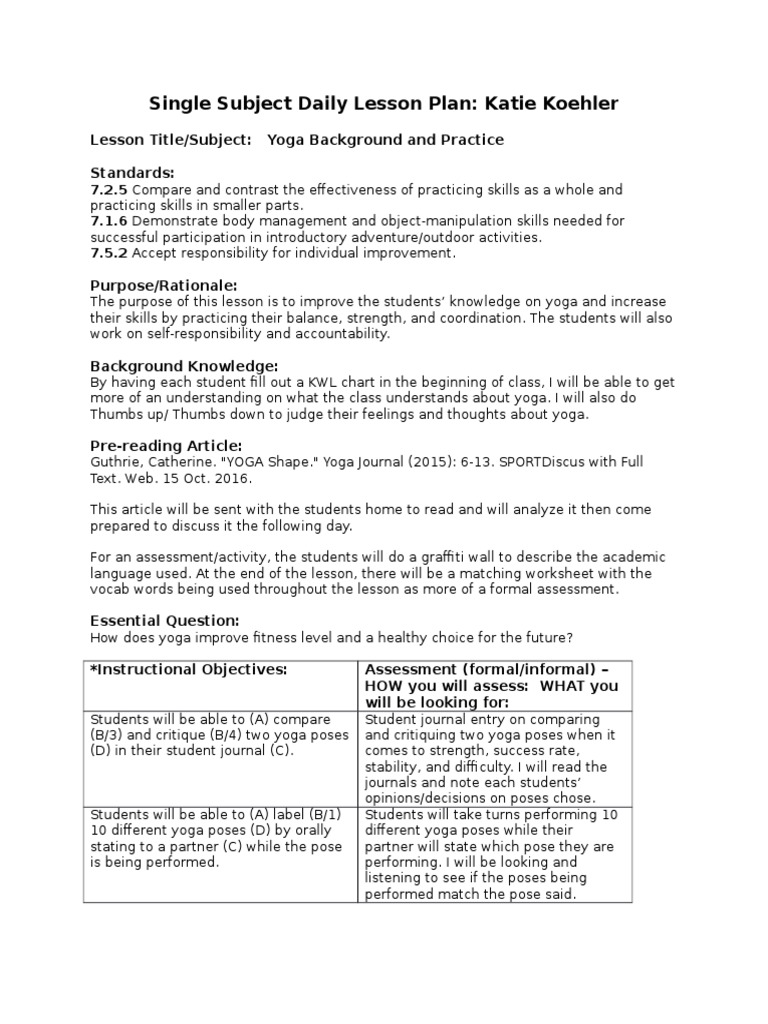 Single Subject Daily Lesson Plan: Katie Koehler | PDF | Yoga ...