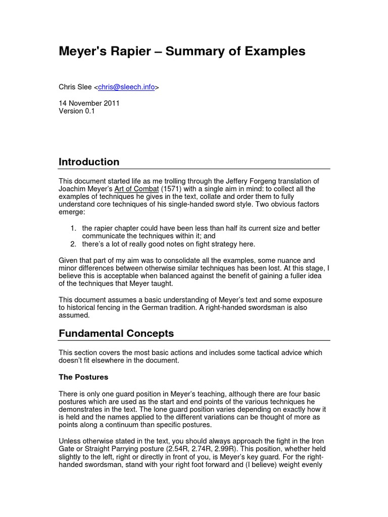 Meyer's Rapier Techniques: A Summary and Classification of Joachim Meyer's Single-Handed Rapier ...