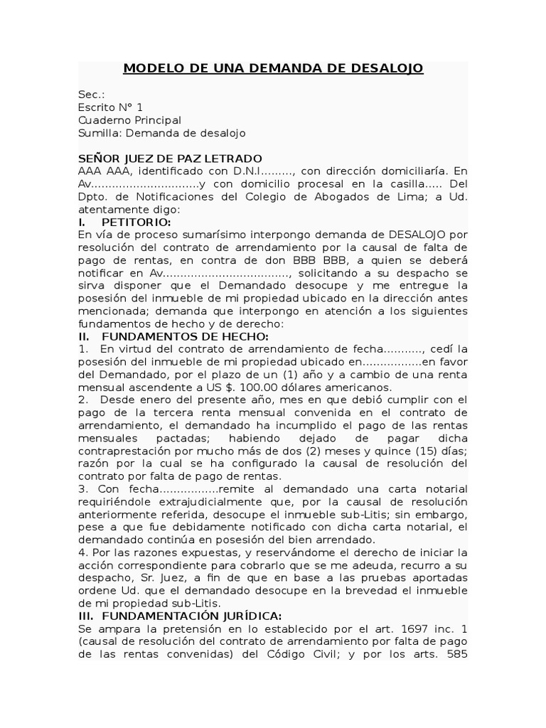 Modelo de Una Demanda de Desalojo | PDF | Demanda judicial | Ley procesal