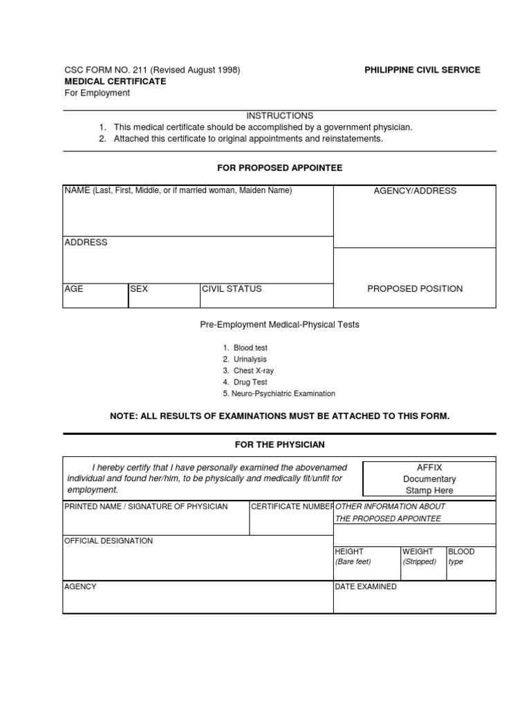 CSC Form 211 Medical Certificate | PDF