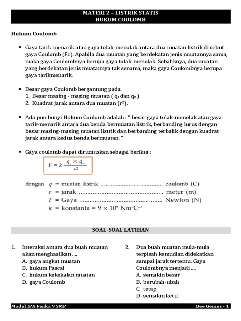 Hukum Coulomb dan Soal Latihan Listrik Statis | PDF | Metode & Bahan Ajar | Sains & Matematika