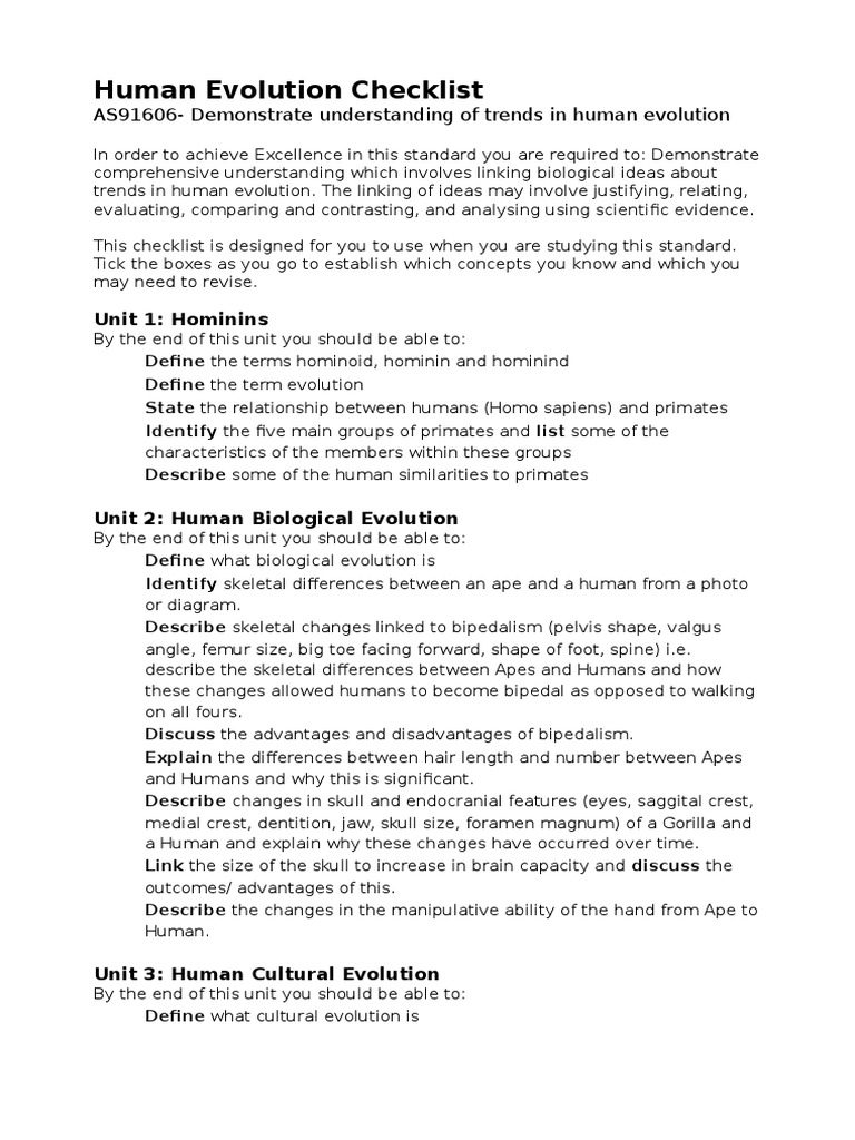 Human Evolution Checklist | PDF | Human Evolution | Ape