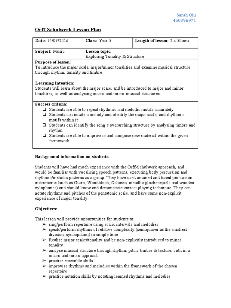 Orff Schulwerk Lesson Plan: Date: Class: Length of Lesson: Subject ...