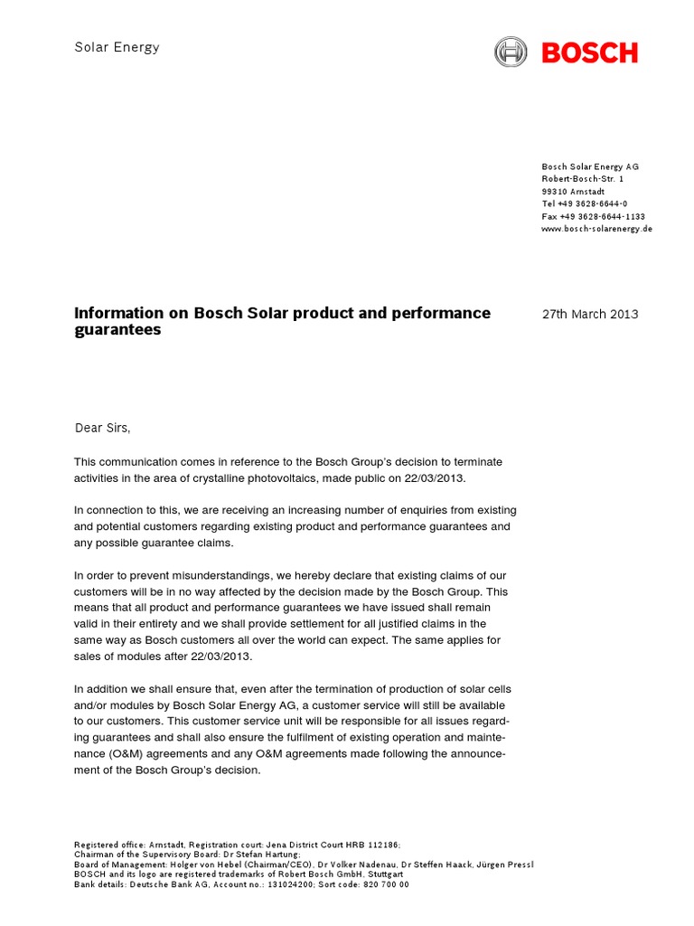 BOSCH Confort Letter Warranty 2013 en | PDF | Technology & Engineering