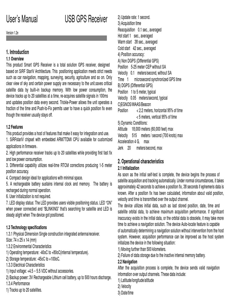 User's Manual USB GPS Receiver: 1.1 Overview | PDF | Global Positioning ...