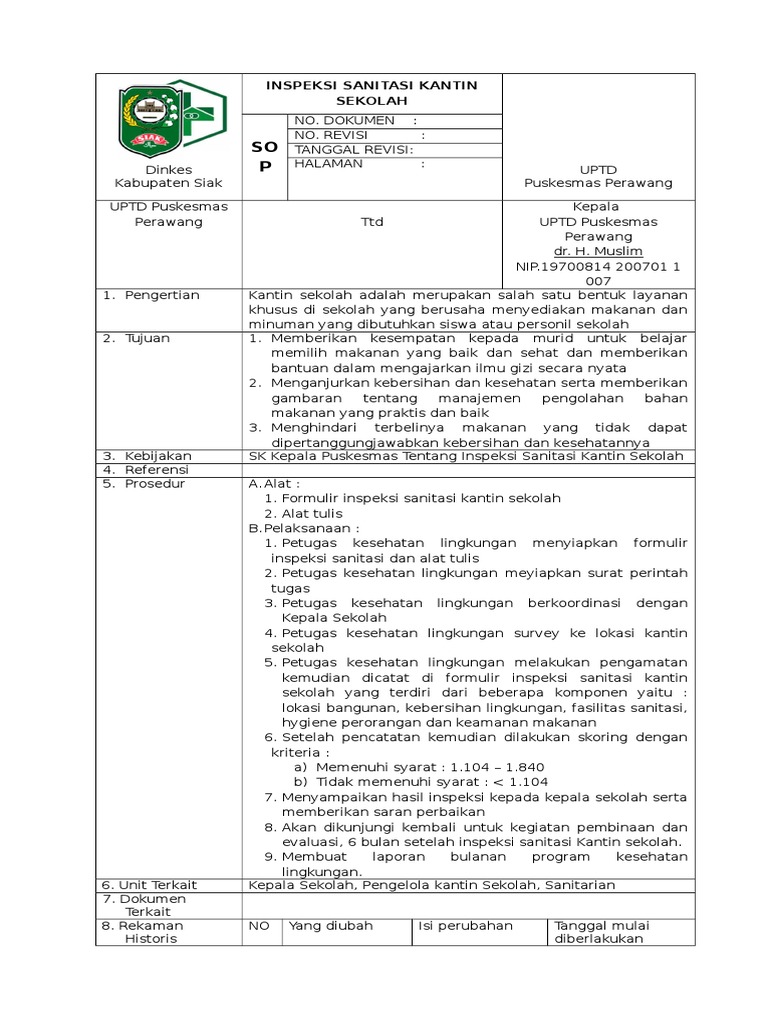 Sop Inspeksi Sanitasi Kantin Sekolah | PDF