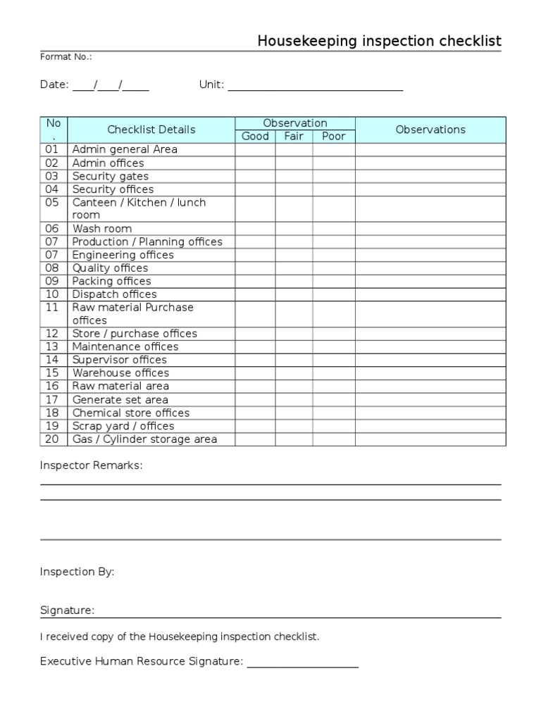 Housekeeping Inspection Checklist: Format No. | PDF