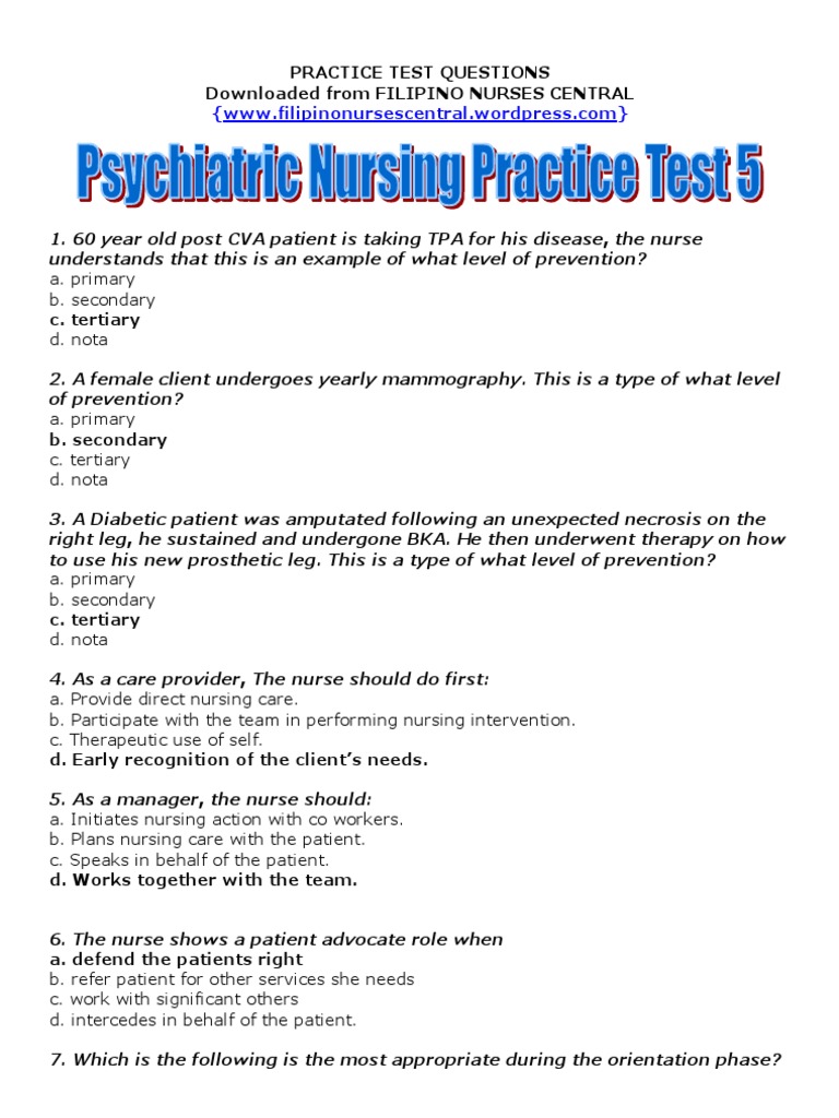 Psychiatric Nursing Practice Test 5 | Clozapine | Schizophrenia