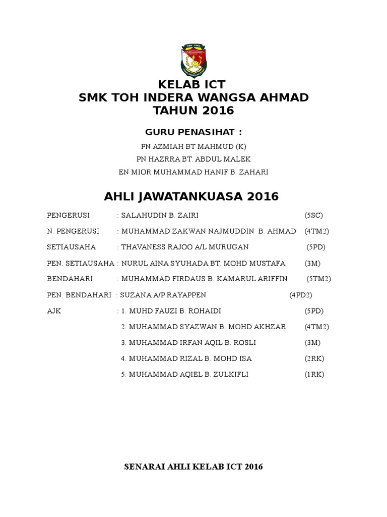 Kelab Ict SMK Toh Indera Wangsa Ahmad TAHUN 2016: Guru Penasihat | PDF