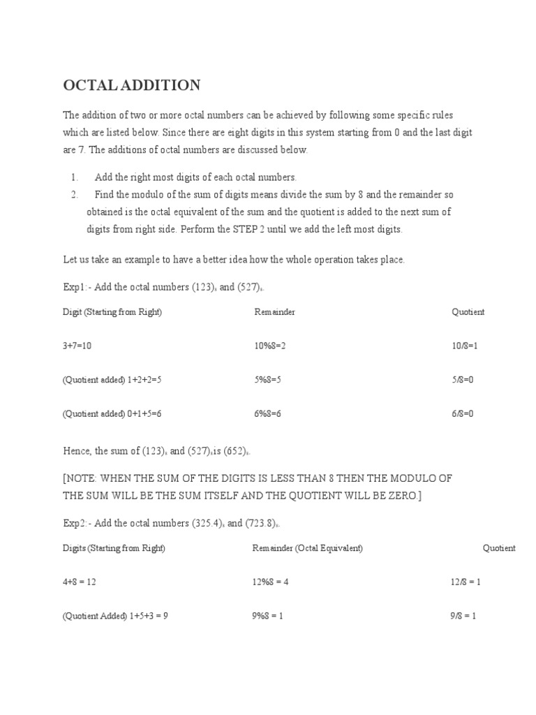 Octal Addition | PDF | Subtraction | Discrete Mathematics
