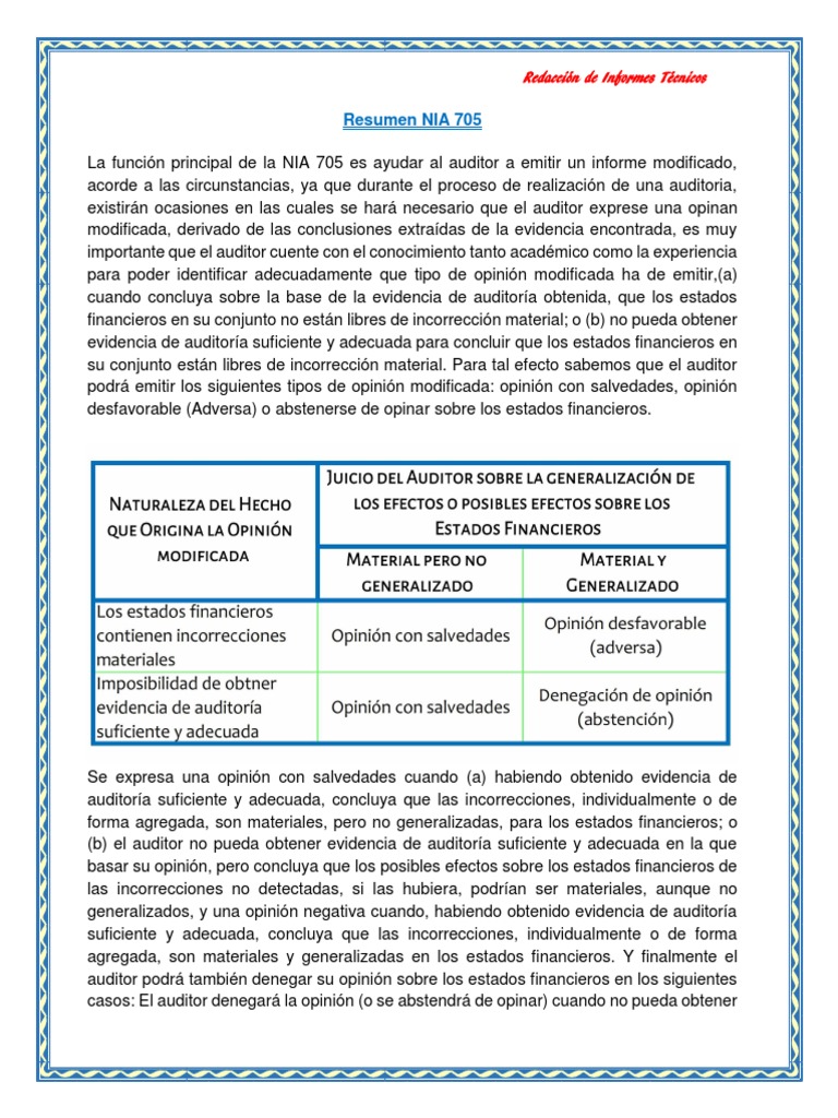 Resumen NIA 705 | Contralor | Evidencia