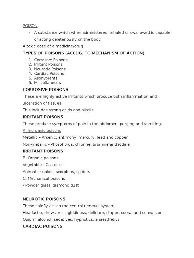 Types of Poisons (Accdg. To Mechanism of Action) | PDF | Shock ...