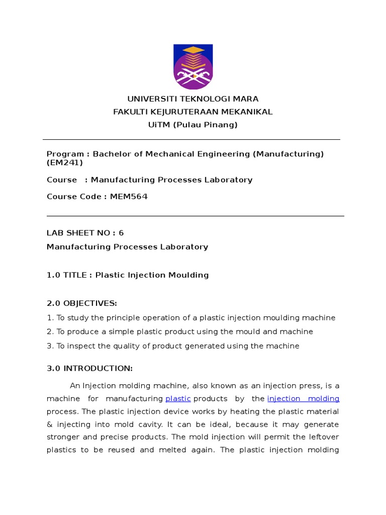 Lab 6 Plastic Injection Moulding | PDF | Industrial Processes | Plastic