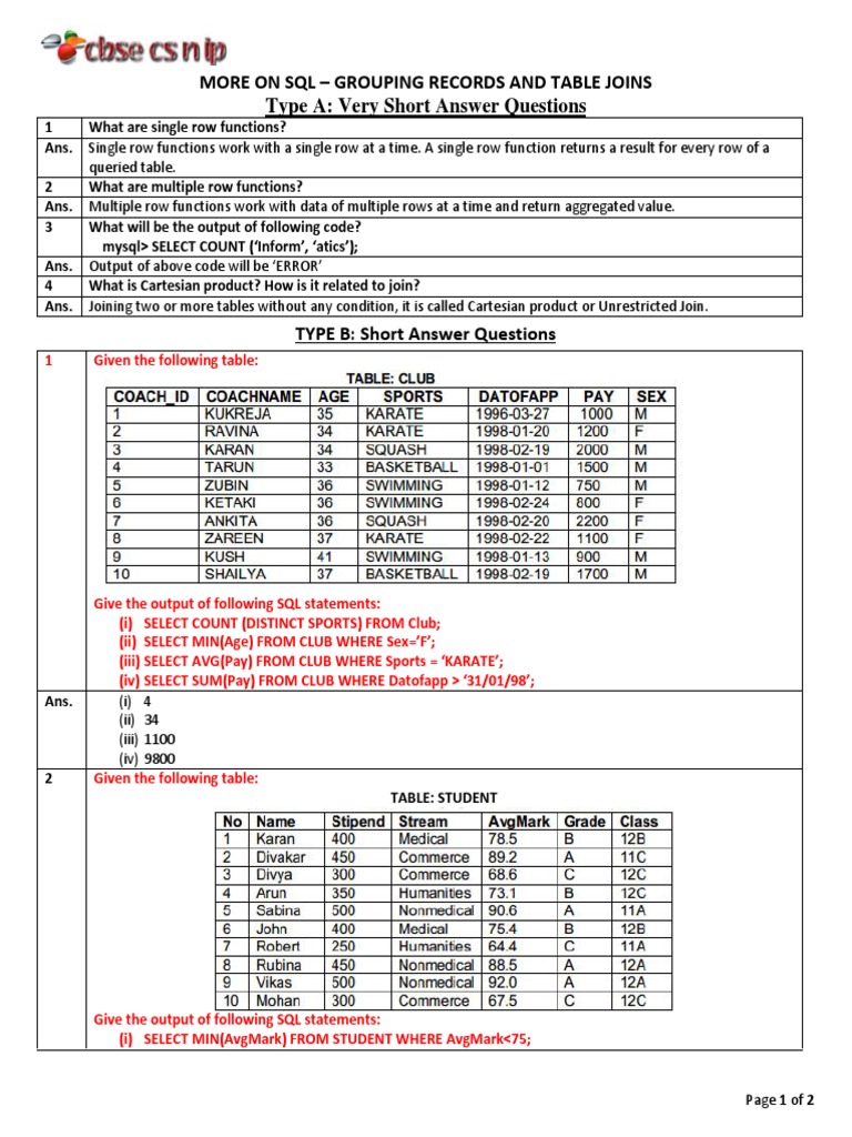 Cbse Ip More On SQL Grouping Records and Table Joins | PDF Cbse Ip More On SQL Grouping Records and Table Joins | PDF