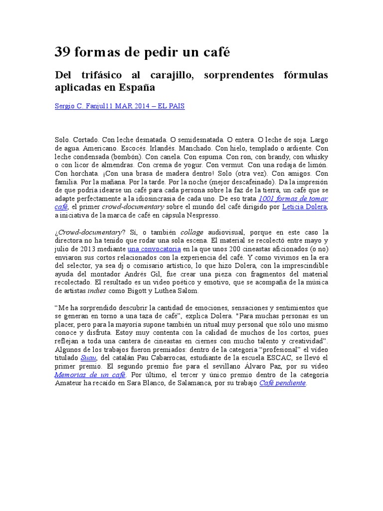 39 Formas de Pedir Un Café - EL PAIS | PDF | café | Bebida
