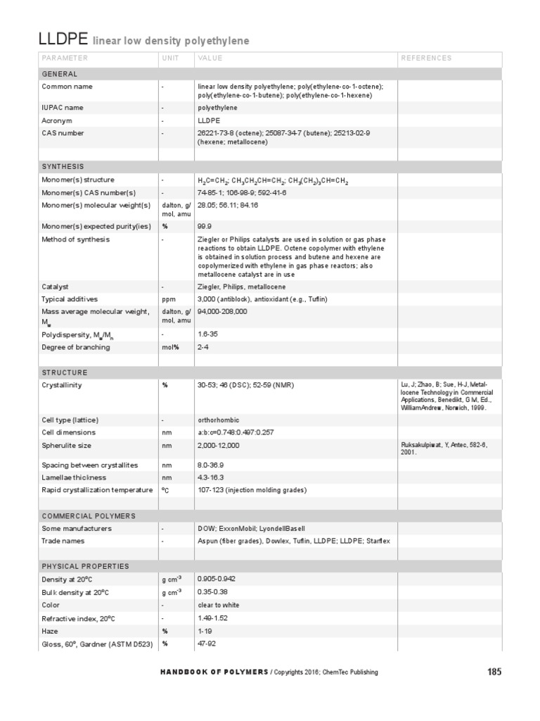 Lldpe: Linear Low Density Polyethylene | PDF | Polyethylene | Chemical ...