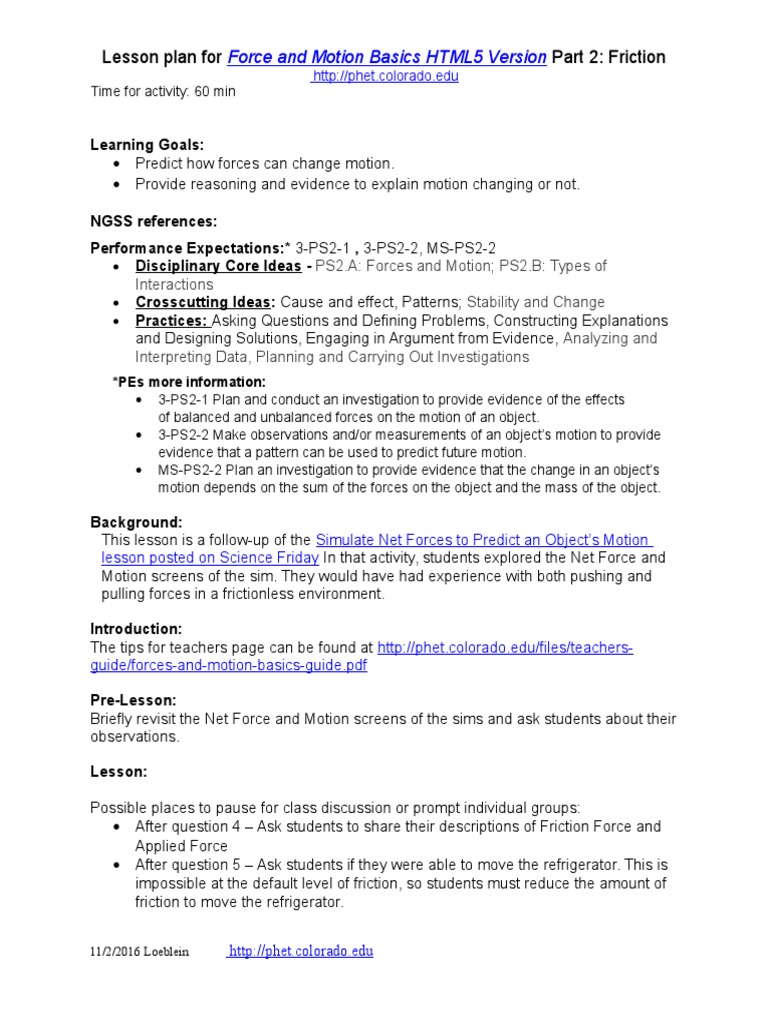 Lesson Plan For: Force and Motion Basics HTML5 Version | PDF | Force ...