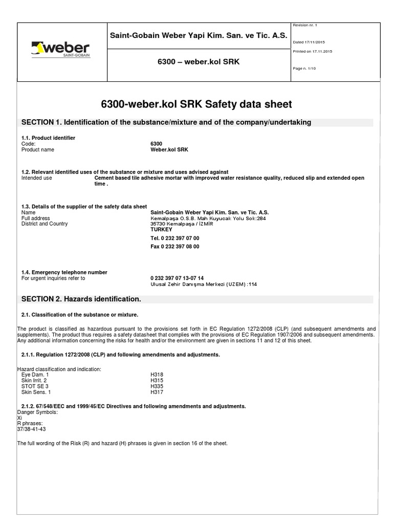 6300-Weber - Kol SRK Safety Data Sheet: Saint-Gobain Weber Yapi Kim. San. Ve Tic. A.S | PDF