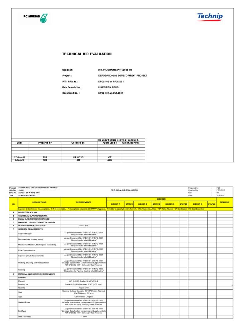 Technical Bid Evaluation | PDF | Pipe (Fluid Conveyance ...