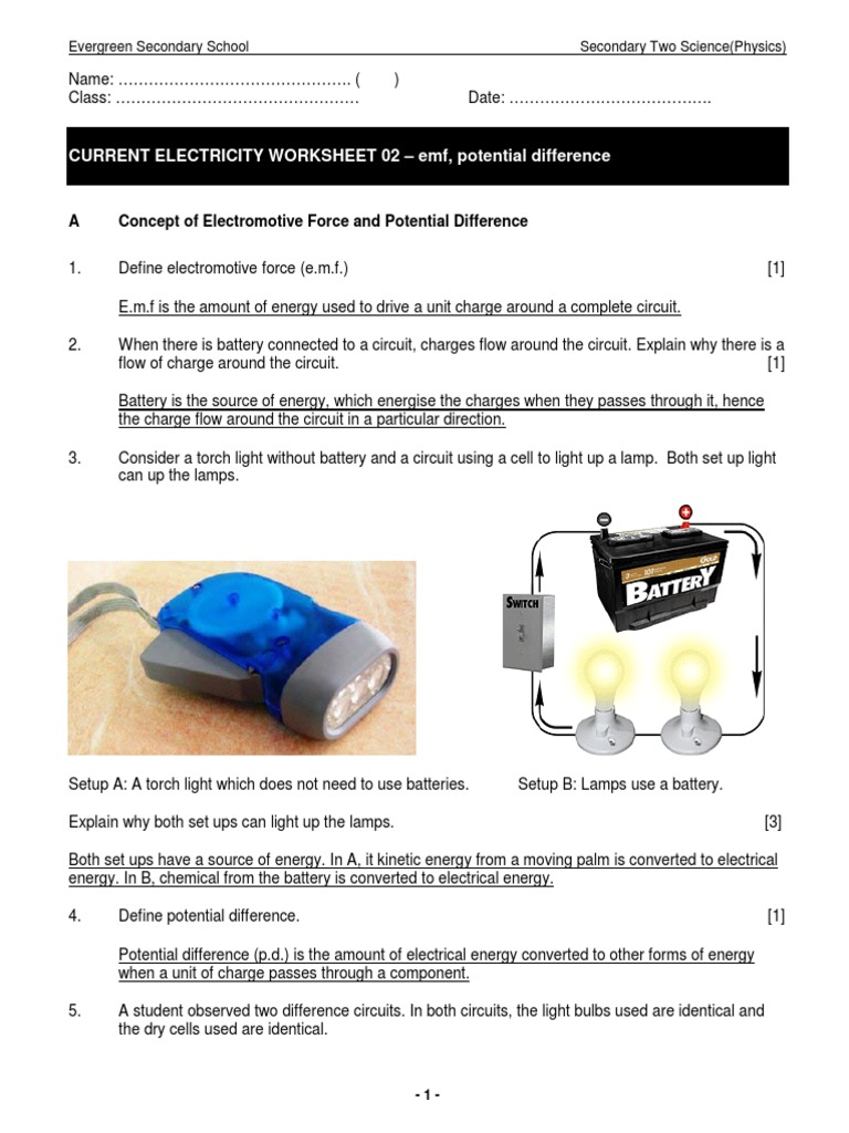 CURRENT ELECTRICITY WORKSHEET 02 - Emf, Potential Difference | PDF ...