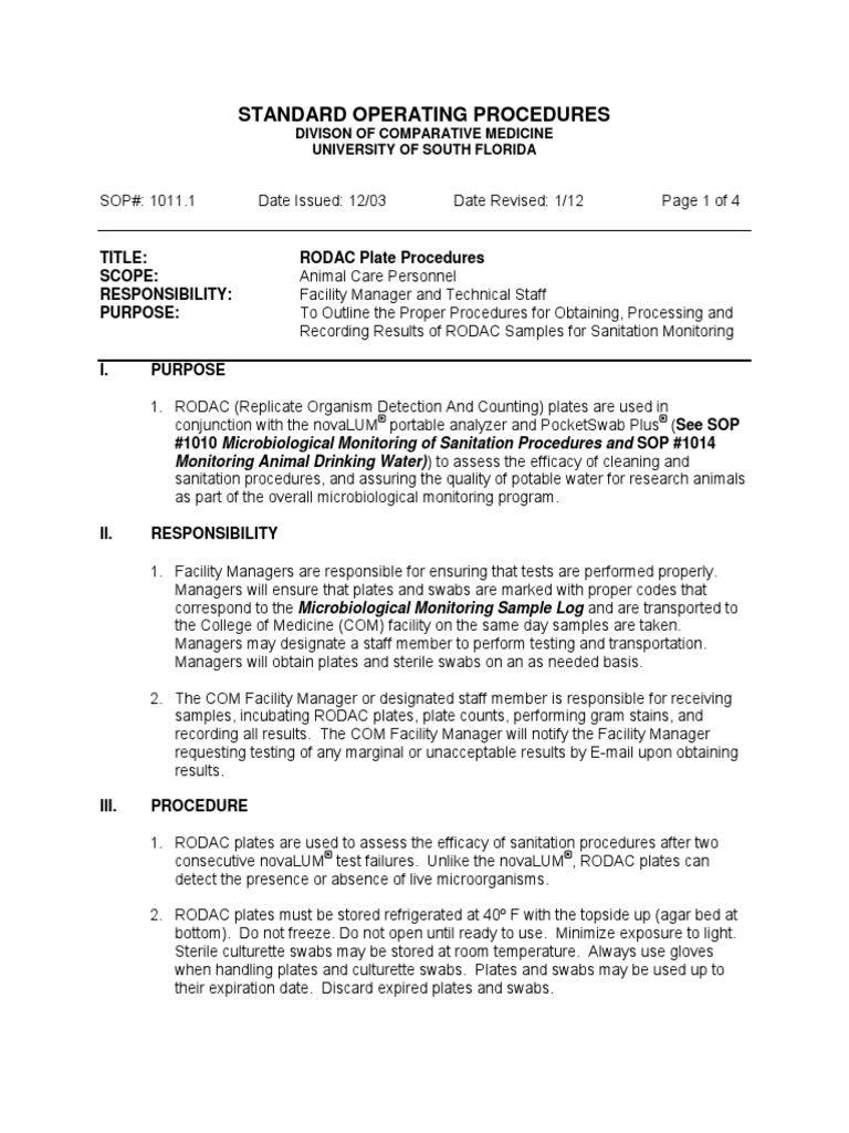 s1011 Rodac Plate Procedures | Colony Forming Unit | Sanitation