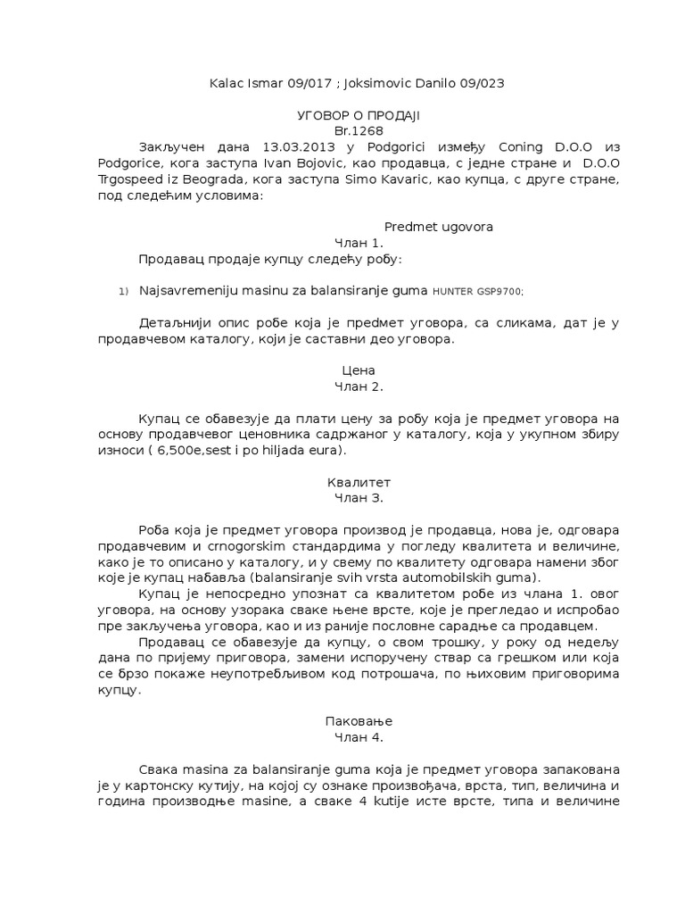 Ugovor o Prodaji | PDF