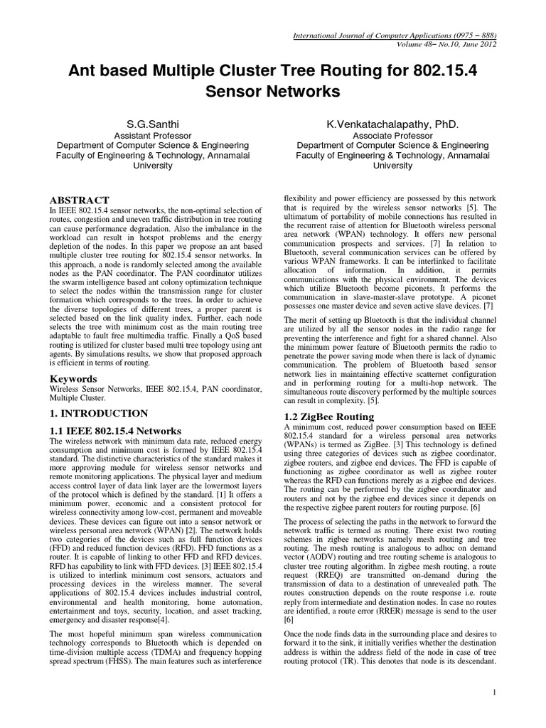 Ant Based Multiple Cluster Tree Routing For 802.15.4 Sensor Networks ...